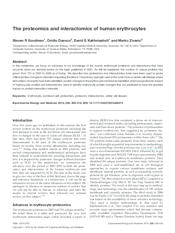 (PDF) The proteomics and interactomics of human erythrocytes