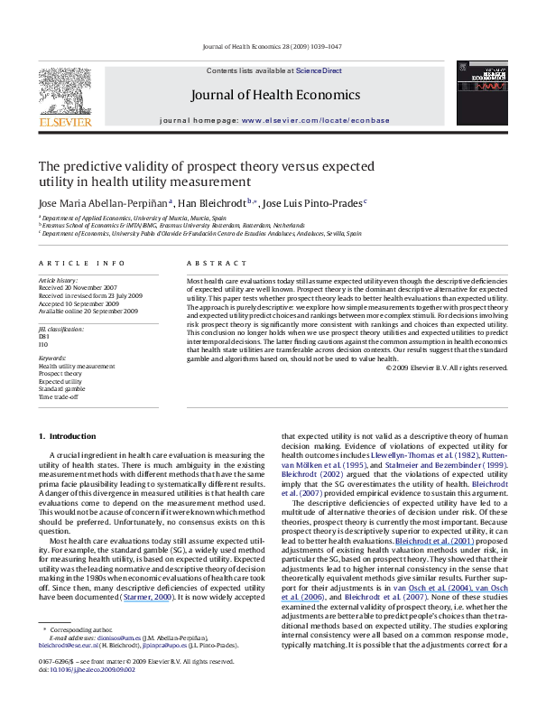 (PDF) The predictive validity of prospect theory versus expected ...
