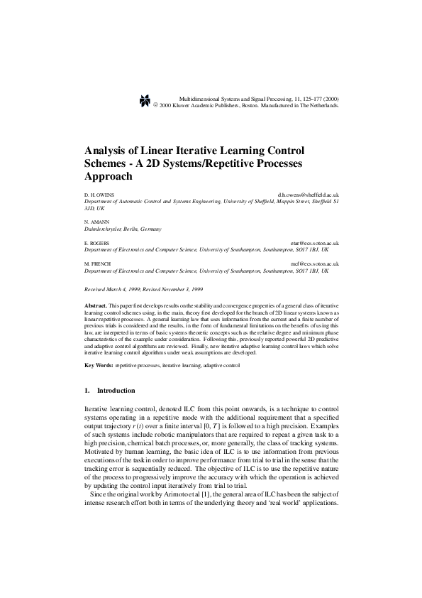 (PDF) Analysis of linear iterative learning control schemes-a 2D systems/repetitive processes ...