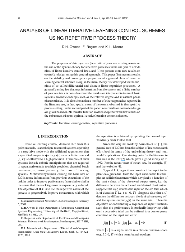 (PDF) Analysis Of Linear Iterative Learning Control Schemes Using Repetitive Process Theory