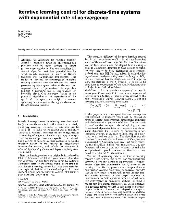 Pdf Iterative Learning Control For Discrete Time Systems With Exponential Rate Of Convergence
