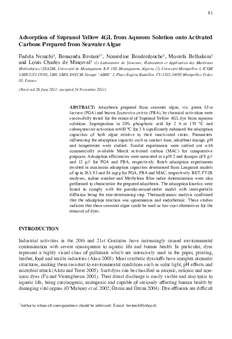 (PDF) Adsorption of Supranol Yellow 4GL from Aqueous Solution onto ...