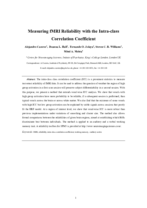 (PDF) Measuring fMRI reliability with the intra-class correlation coefficient