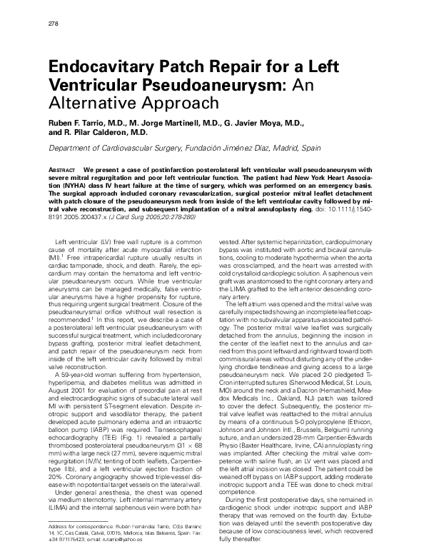 (PDF) Endocavitary Patch Repair for a Left Ventricular Pseudoaneurysm ...