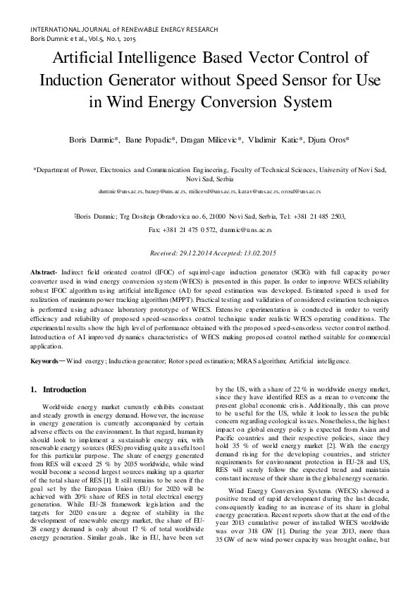 Pdf Artificial Intelligence Based Vector Control Of Induction Generator Without Speed Sensor