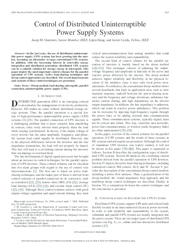 (PDF) Control of Distributed Uninterruptible Power Supply Systems