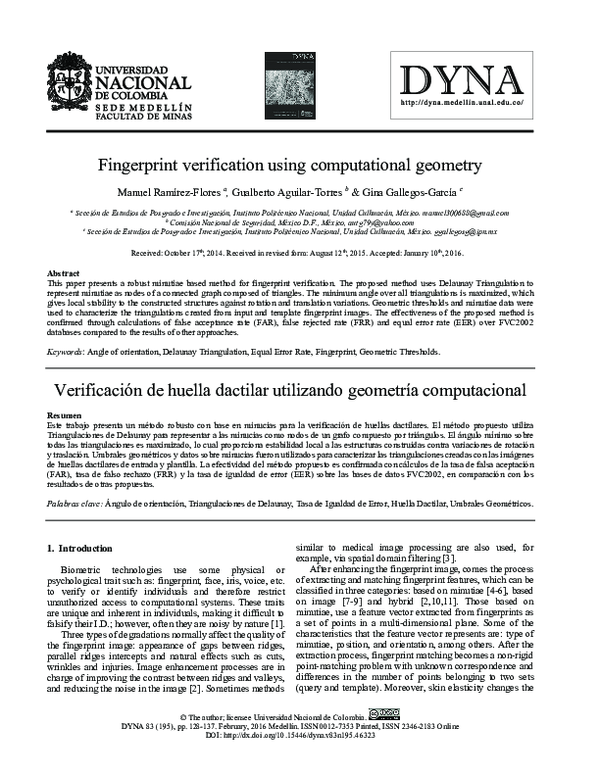 (PDF) Fingerprint verification using computational geometry