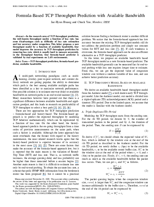 (PDF) Formula-based TCP throughput prediction with available bandwidth