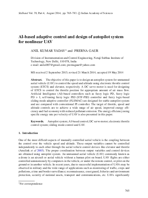 Pdf Ai Based Adaptive Control And Design Of Autopilot System For Nonlinear Uav