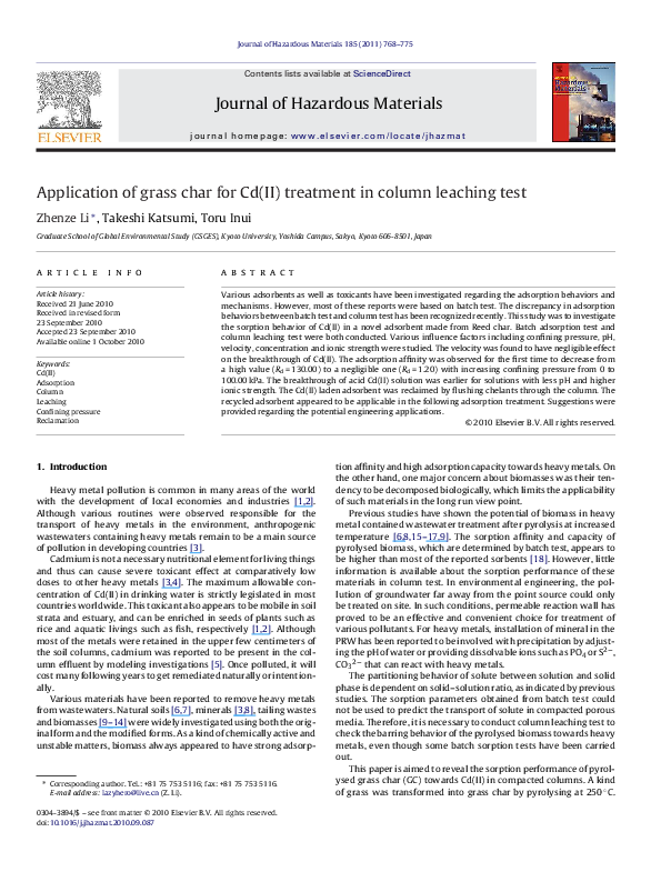 (PDF) Application of grass char for Cd(II) treatment in column leaching ...