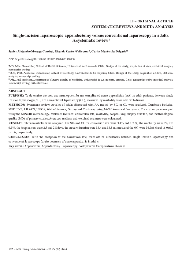 (PDF) Single-incision laparoscopic appendectomy versus conventional laparoscopy in adults. A ...