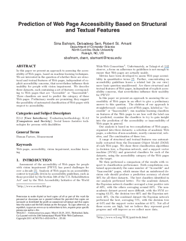 (PDF) Prediction of web page accessibility based on structural and textual features