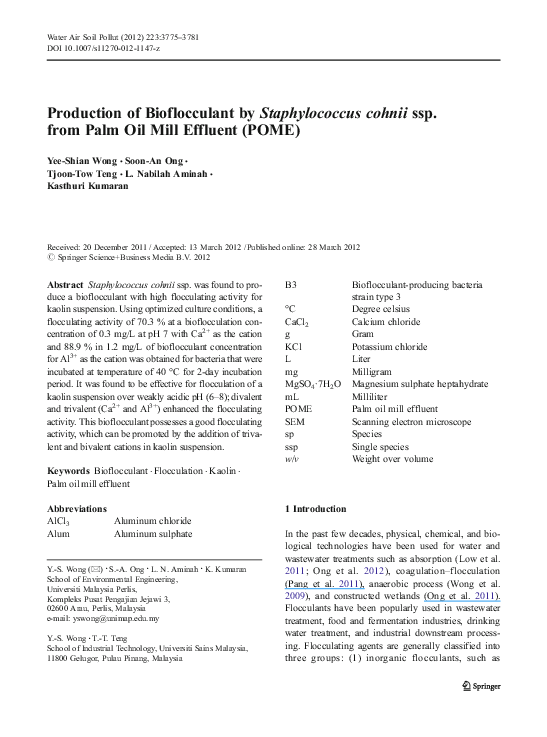 (PDF) Production of Bioflocculant by Staphylococcus cohnii ssp. from ...