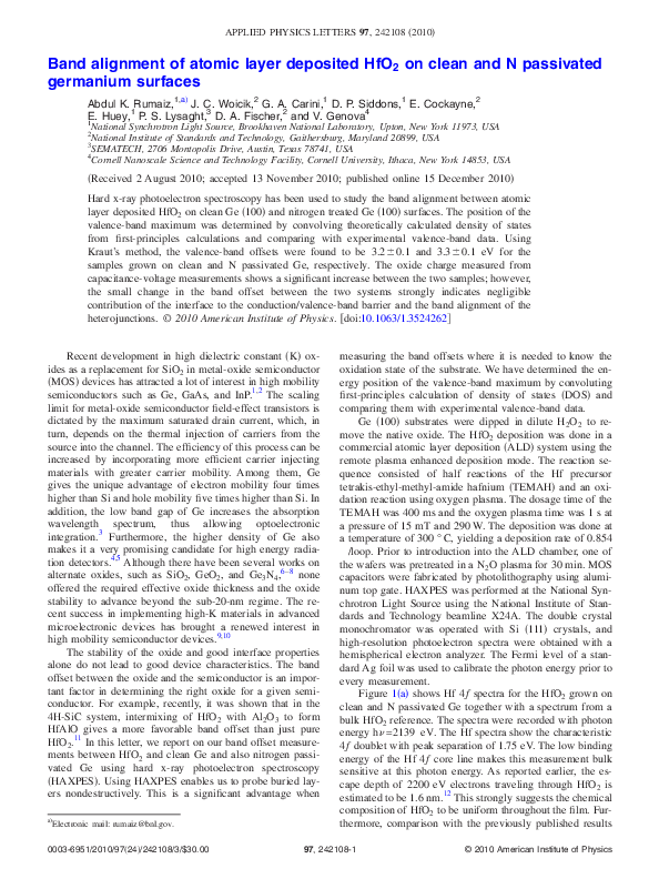 (PDF) Band Alignment of atomic layer deposited HfO2 on clean and N passivated Germanium surfaces