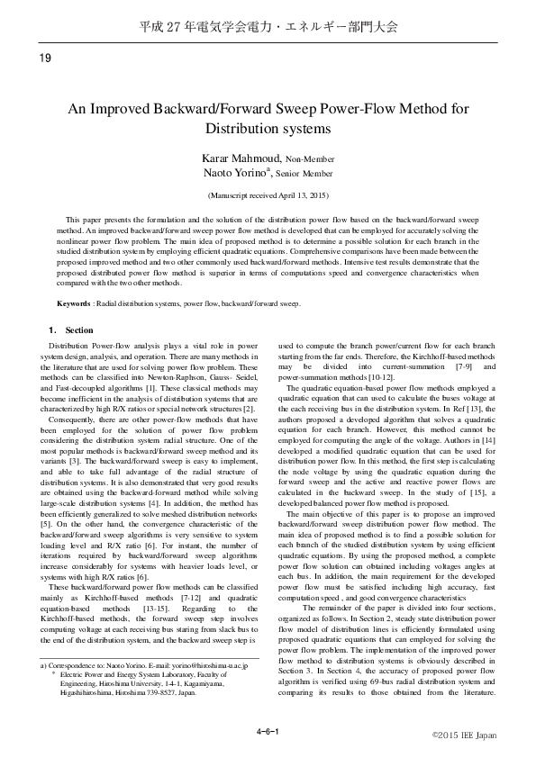 Pdf An Improved Backward Forward Sweep Power Flow Method For Distribution Systems