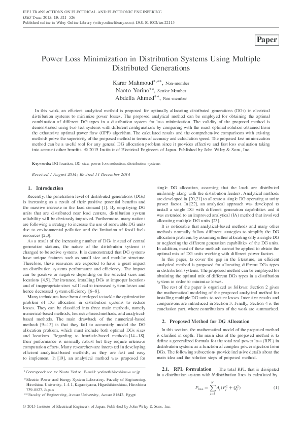 Pdf Power Loss Minimization In Distribution Systems Using Multiple