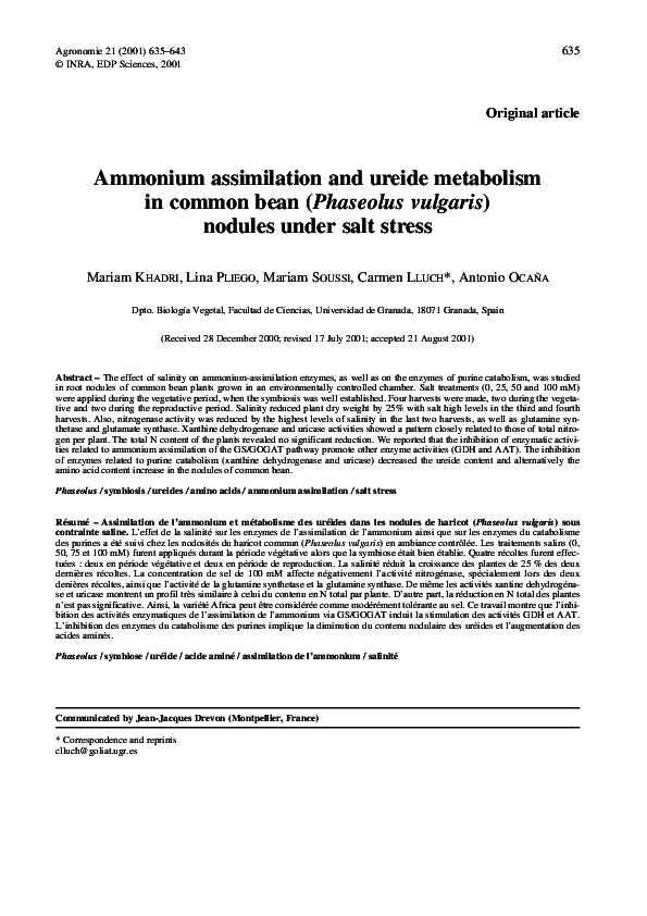 (PDF) Ammonium assimilation and ureide metabolism in common bean ...