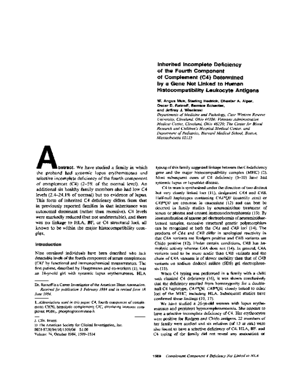 (PDF) Inherited incomplete deficiency of the fourth component of complement (C4) determined by a ...
