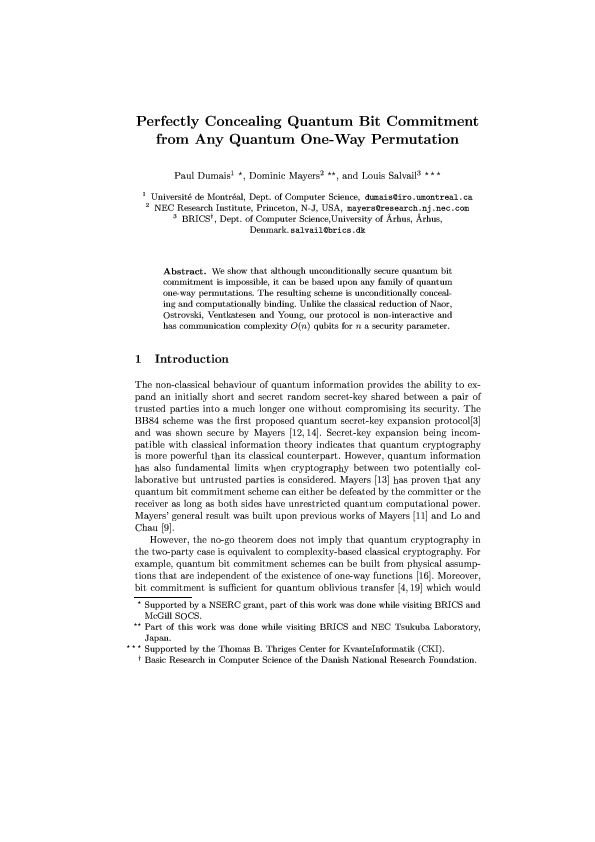 Pdf Perfectly Concealing Quantum Bit Commitment From Any Quantum One
