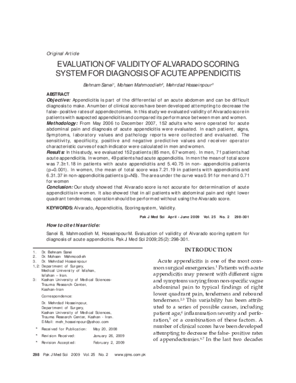 (PDF) Evaluation of validity of Alvarado scoring system for diagnosis ...