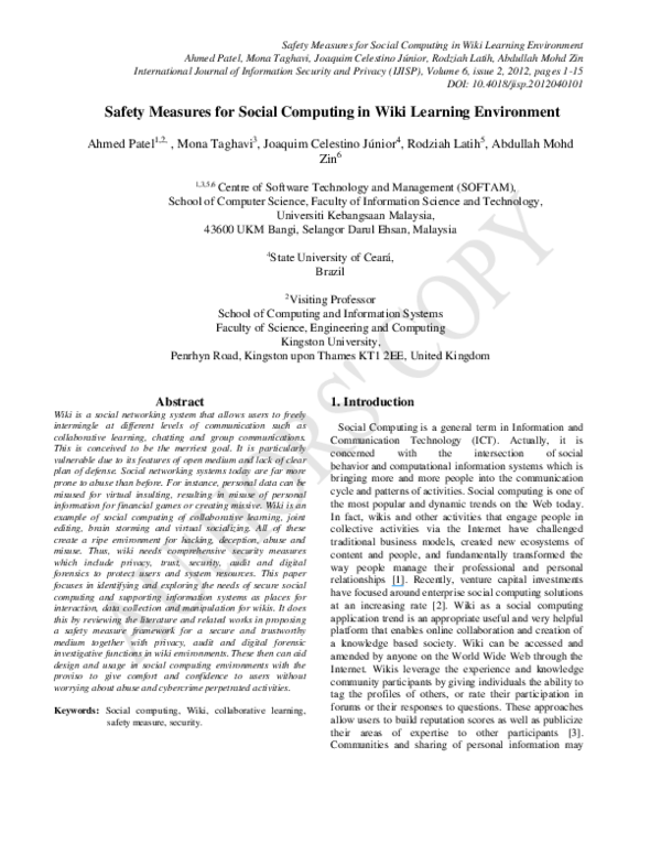 (PDF) Safety Measures for Social Computing in Wiki Learning Environment