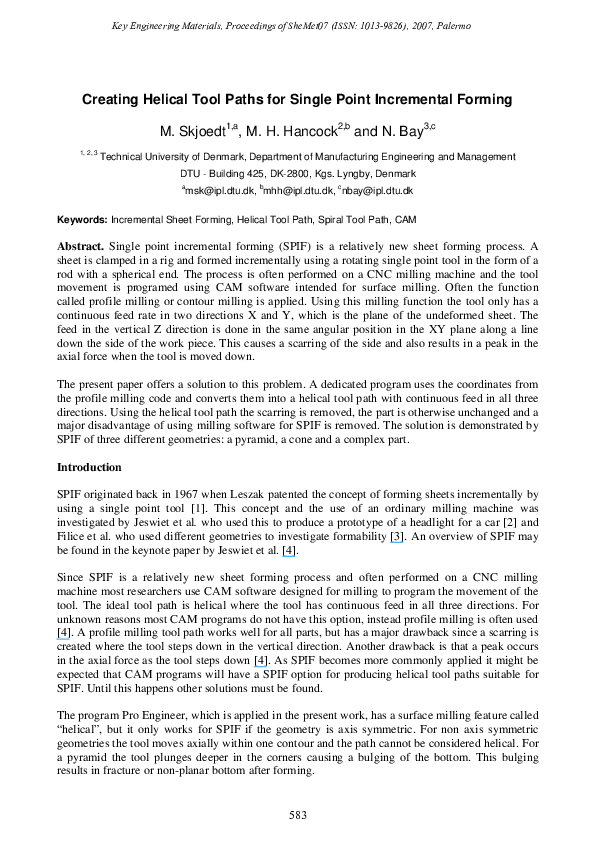 (PDF) Creating Helical Tool Paths for Single Point Incremental Forming