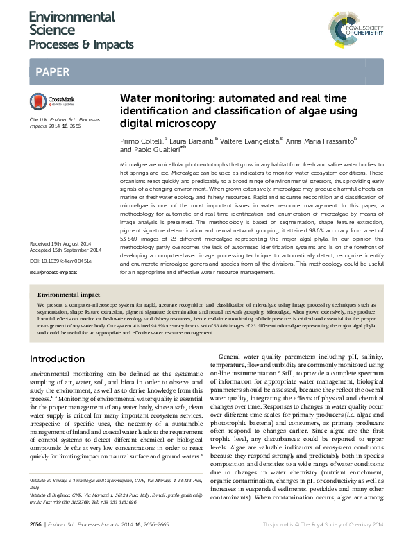 (PDF) Water monitoring: automated and real time identification and classification of algae using ...