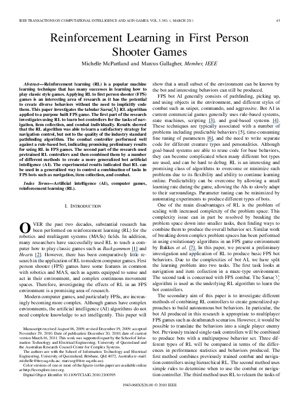 (PDF) Reinforcement Learning in First Person Shooter Games