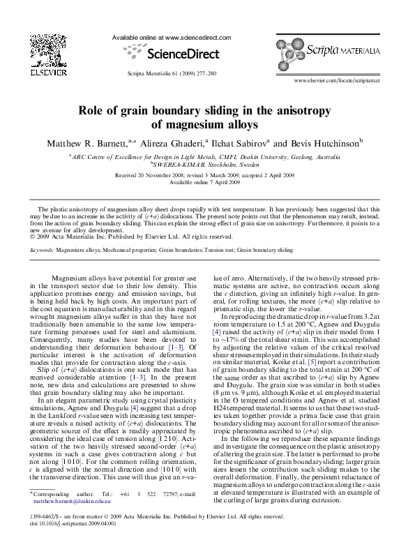 (PDF) Role of grain boundary sliding in the anisotropy of magnesium alloys