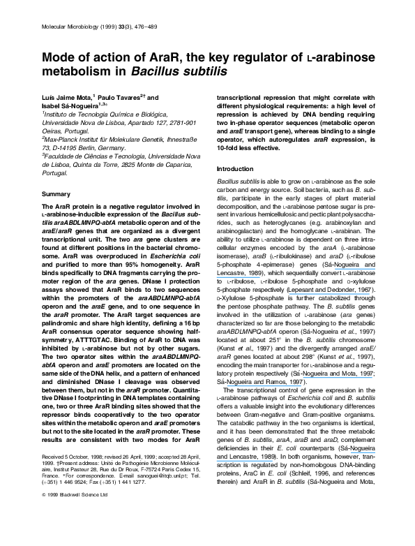 (PDF) Mode of action of AraR, the key regulator of l-arabinose metabolism in Bacillus subtilis