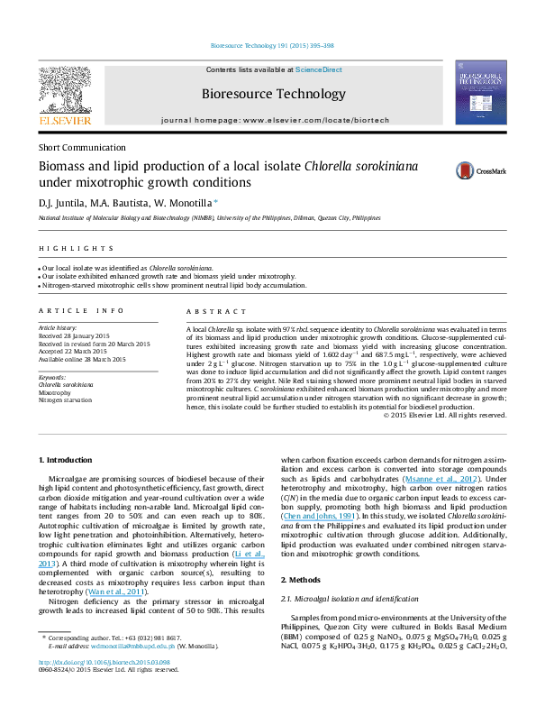 (PDF) Biomass and lipid production of a local isolate Chlorella sorokiniana under mixotrophic ...