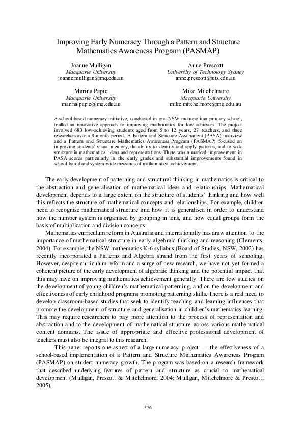 (PDF) Improving early numeracy through a pattern and structure ...