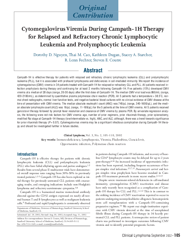 (PDF) Cytomegalovirus Viremia During Campath-1H Therapy for Relapsed ...