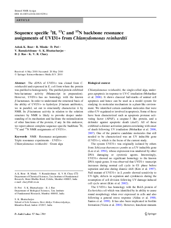 (PDF) Sequence specific 1H, 13C and 15N backbone resonance assignments of UVI31+ from ...