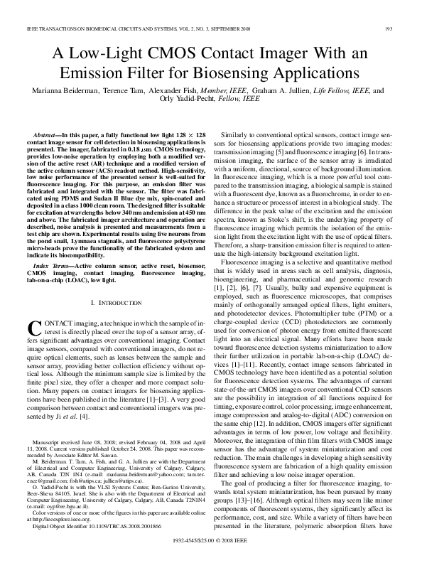 Pdf A Low Light Cmos Contact Imager With An Emission Filter For Biosensing Applications