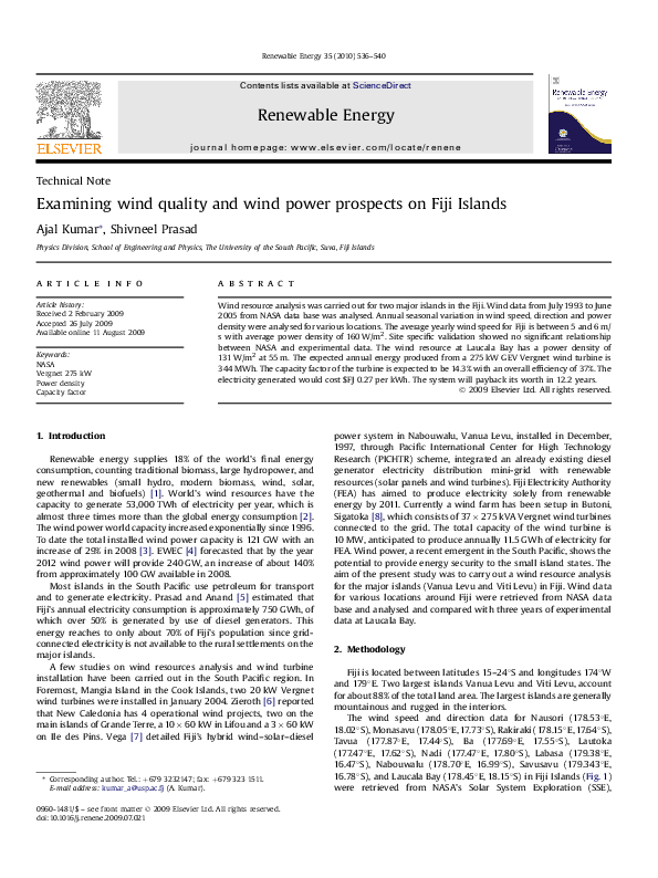 (PDF) Examining wind quality and wind power prospects on Fiji Islands