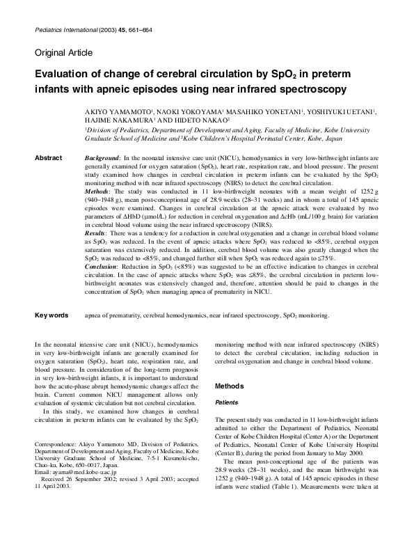 (PDF) Evaluation of change of cerebral circulation by SpO2 in preterm ...