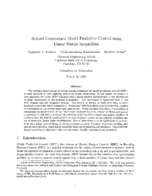 (PDF) Robust constrained model predictive control using linear matrix ... (PDF) Robust constrained model predictive control using linear matrix ...