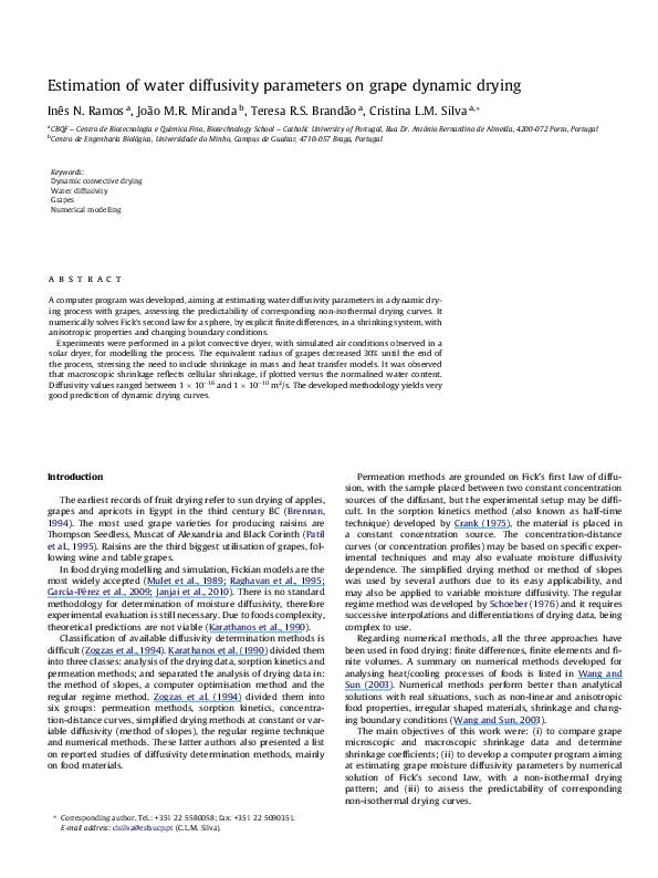 (PDF) Estimation of water diffusivity parameters on grape dynamic drying