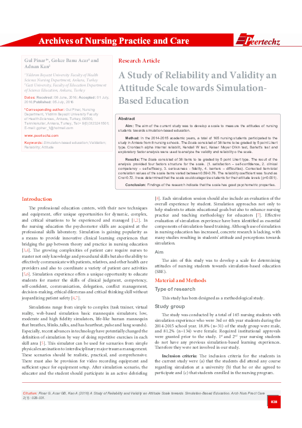 (PDF) A Study of Reliability and Validity an Attitude Scale towards Simulation-Based Education