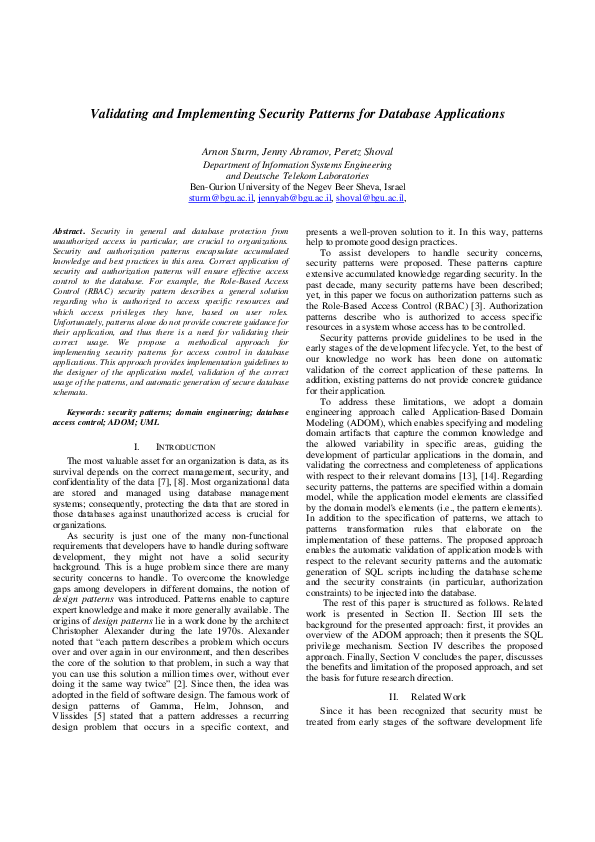 Pdf Validating And Implementing Security Patterns For Database 2125