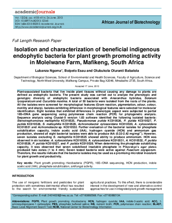 (PDF) Isolation and characterization of beneficial indigenous endophytic bacteria for plant ...