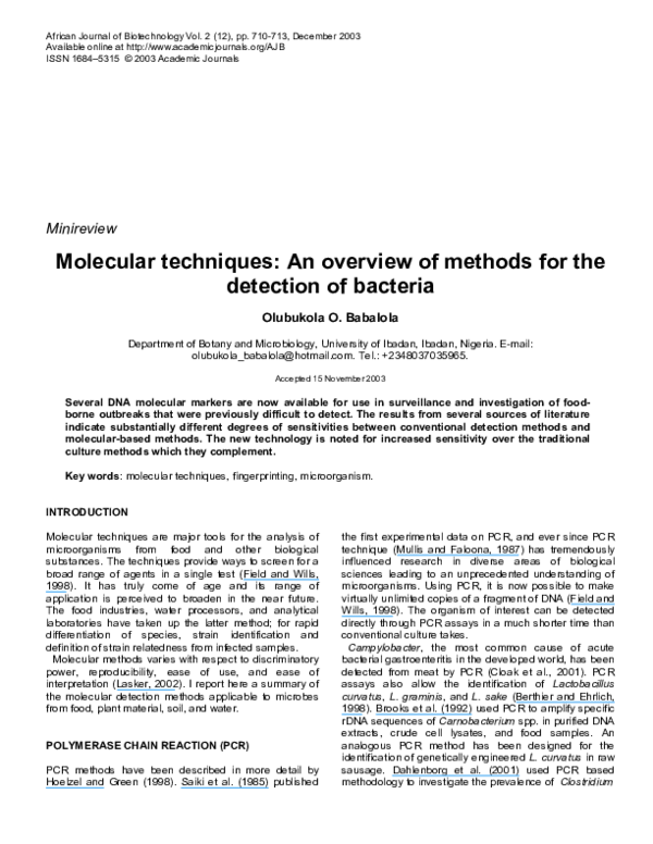 Pdf Molecular Techniques An Overview Of Methods For The Detection Of