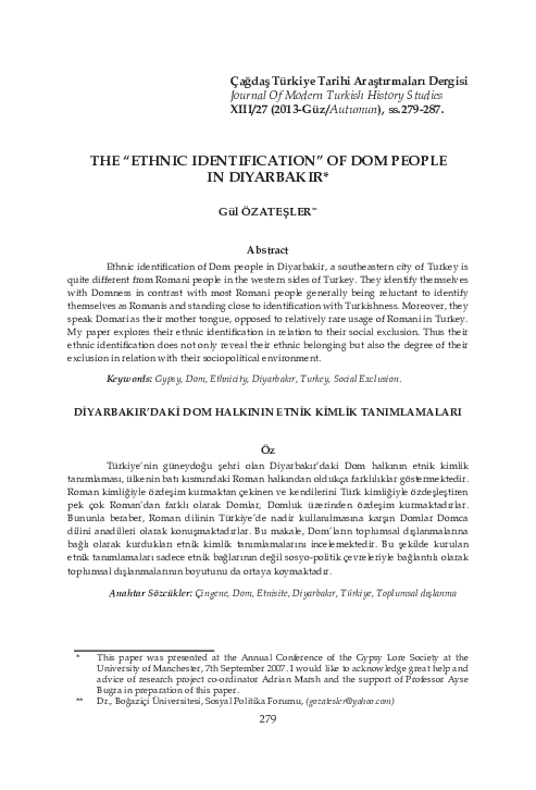 (PDF) THE " ETHNIC IDENTIFICATION " OF DOM PEOPLE IN DIYARBAKIR