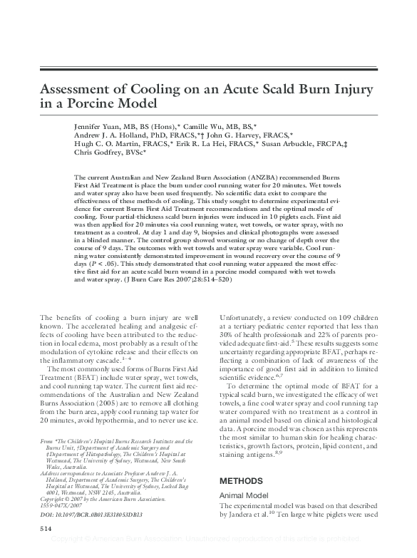 (PDF) Assessment of Cooling on an Acute Scald Burn Injury in a Porcine ...