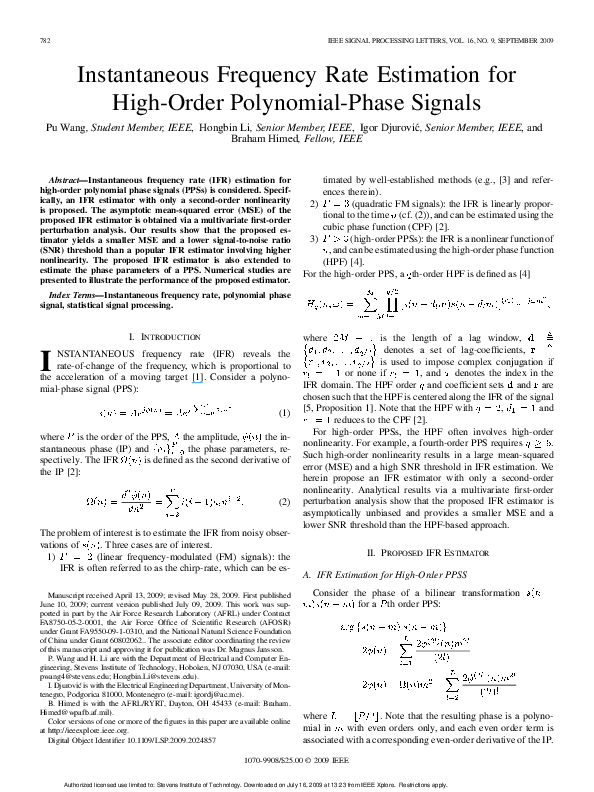 (PDF) Instantaneous frequency rate estimation for high-order polynomial-phase signal