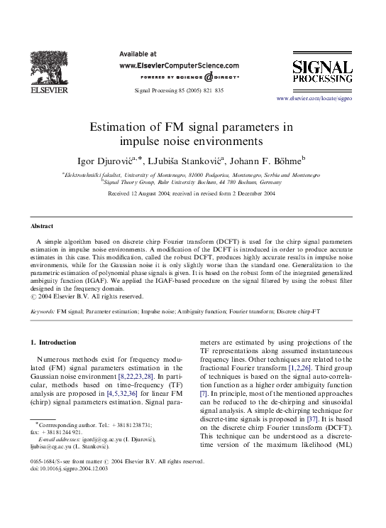 (PDF) Estimation of FM signal parameters in impulse noise environments
