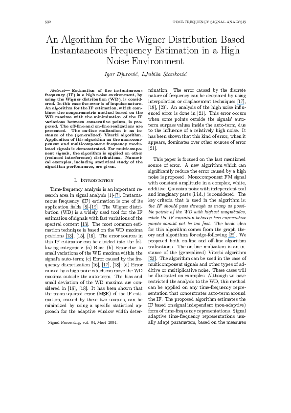 (PDF) An algorithm for the Wigner distribution based instantaneous frequency estimation in a ...