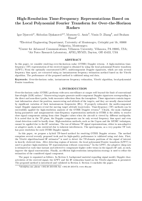 Pdf High Resolution Time Frequency Representations Based On The Local