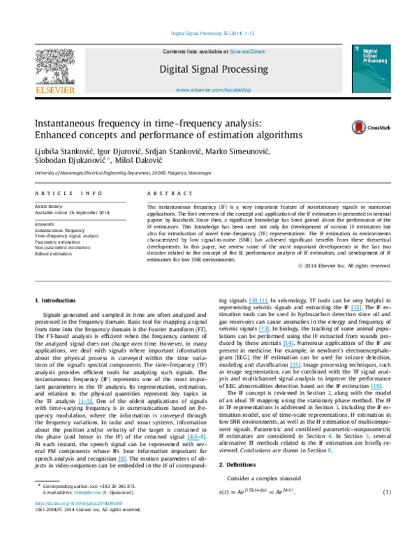 Pdf Instantaneous Frequency In Time Frequency Analysis Enhanced Concepts And Performance Of